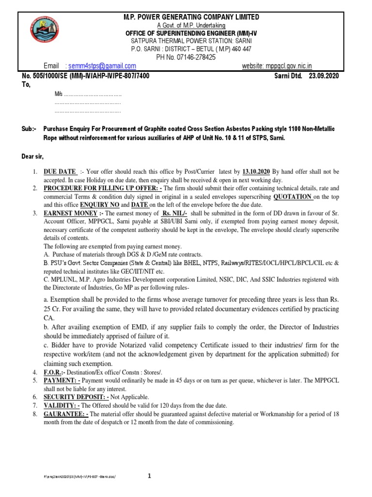 PH No. 07146-278425 Email: Website: MPPGCL - Gov.nic - In: M.P. Power ...