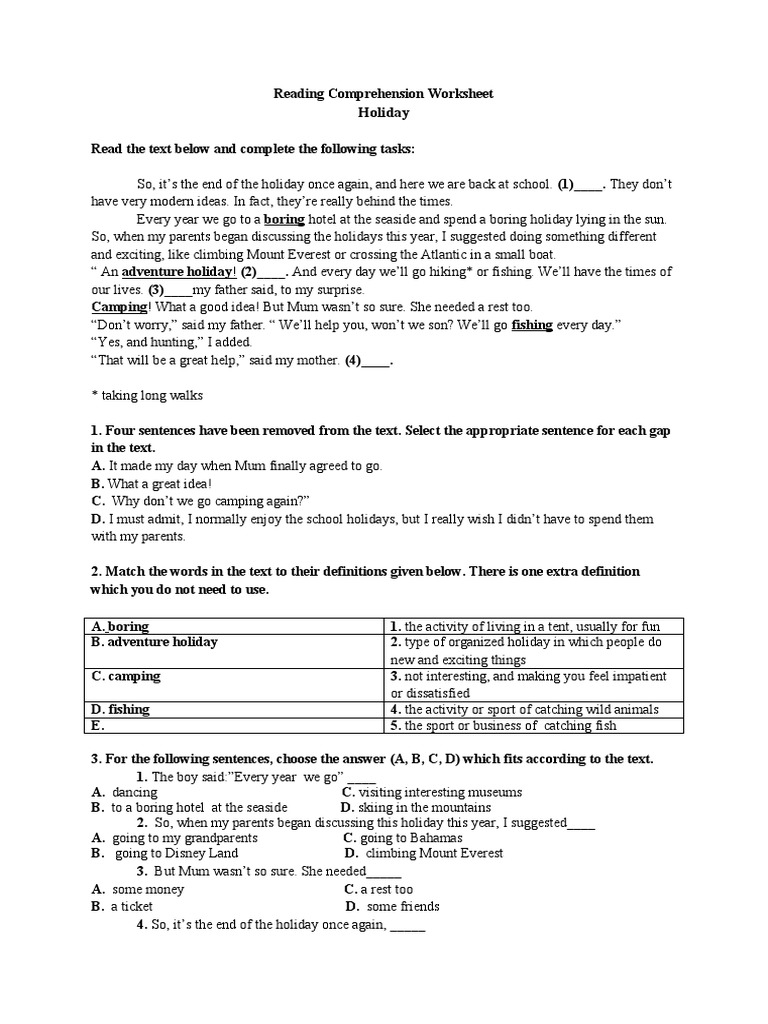 Holiday Reading Comprehension Worksheet | PDF | Holiday Or Vacation | Asia