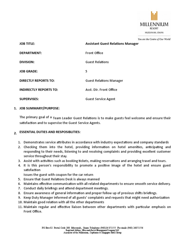 Assistant Guest Relations Manager | PDF | Personal Protective Equipment ...