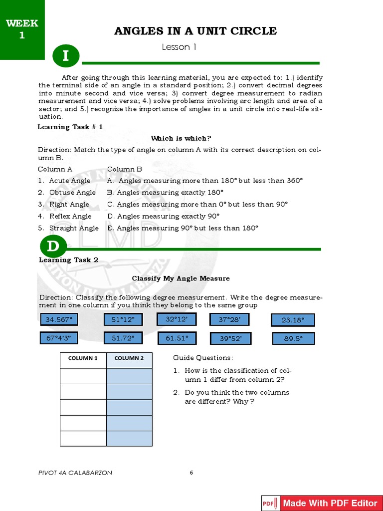Angles in A Unit Circle: Week 1 | PDF | Angle | Elementary Geometry