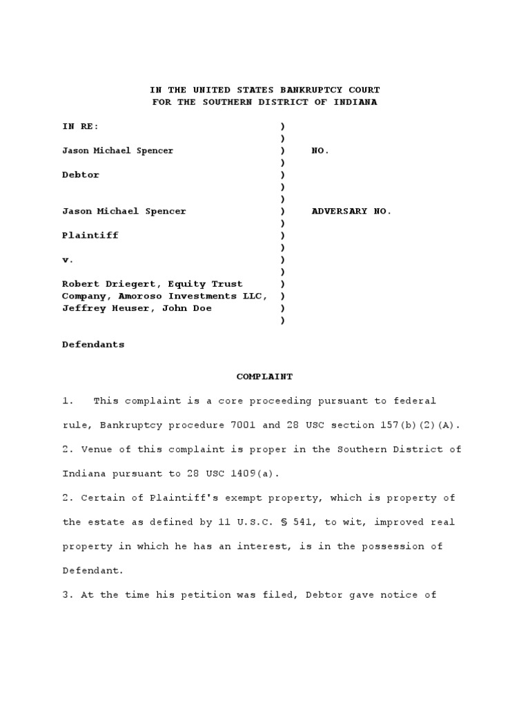 Daniel - Adversary Complaint Working | PDF | Bankruptcy In The United ...