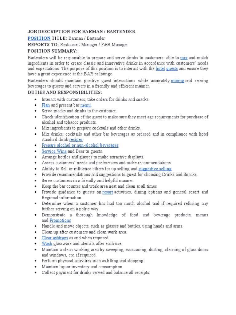 Job Description For Barman | PDF | Bar | Bartender