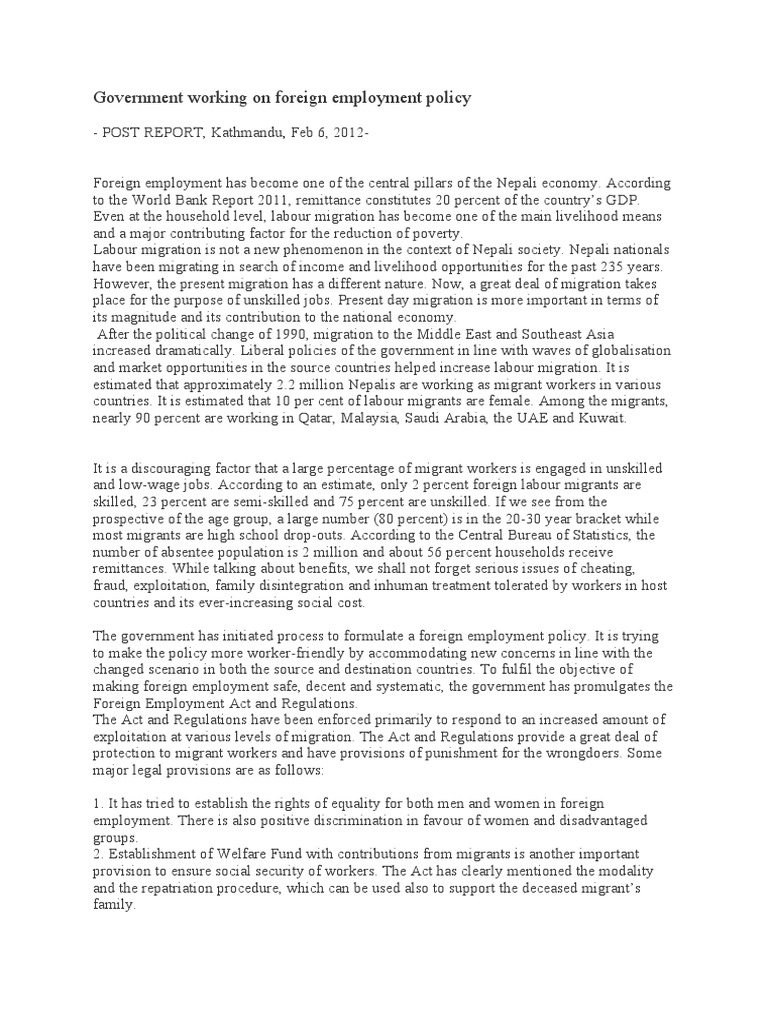 Foreign Employment Policy | PDF