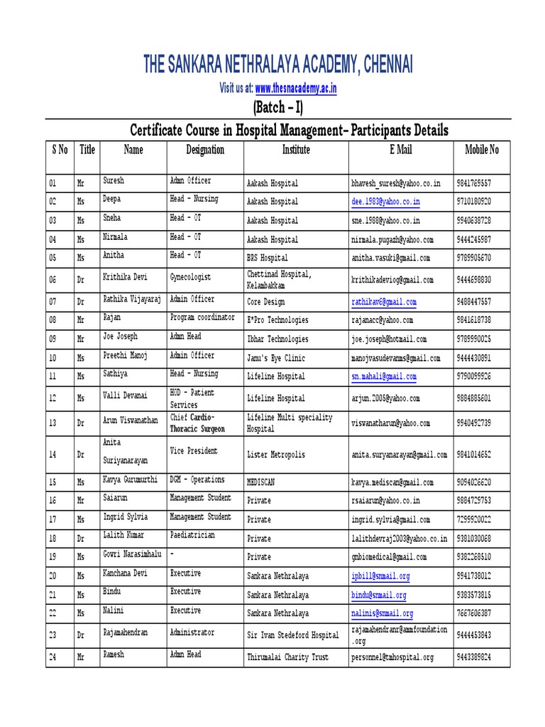 The Sankara Nethralaya Academy, Chennai: (Batch - I) Certificate Course ...