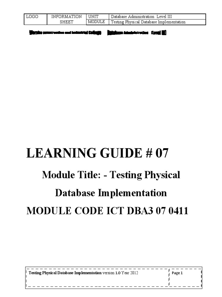 Learning Guide 07 Module Title Testing Physical Database Implementation Module Code Ict