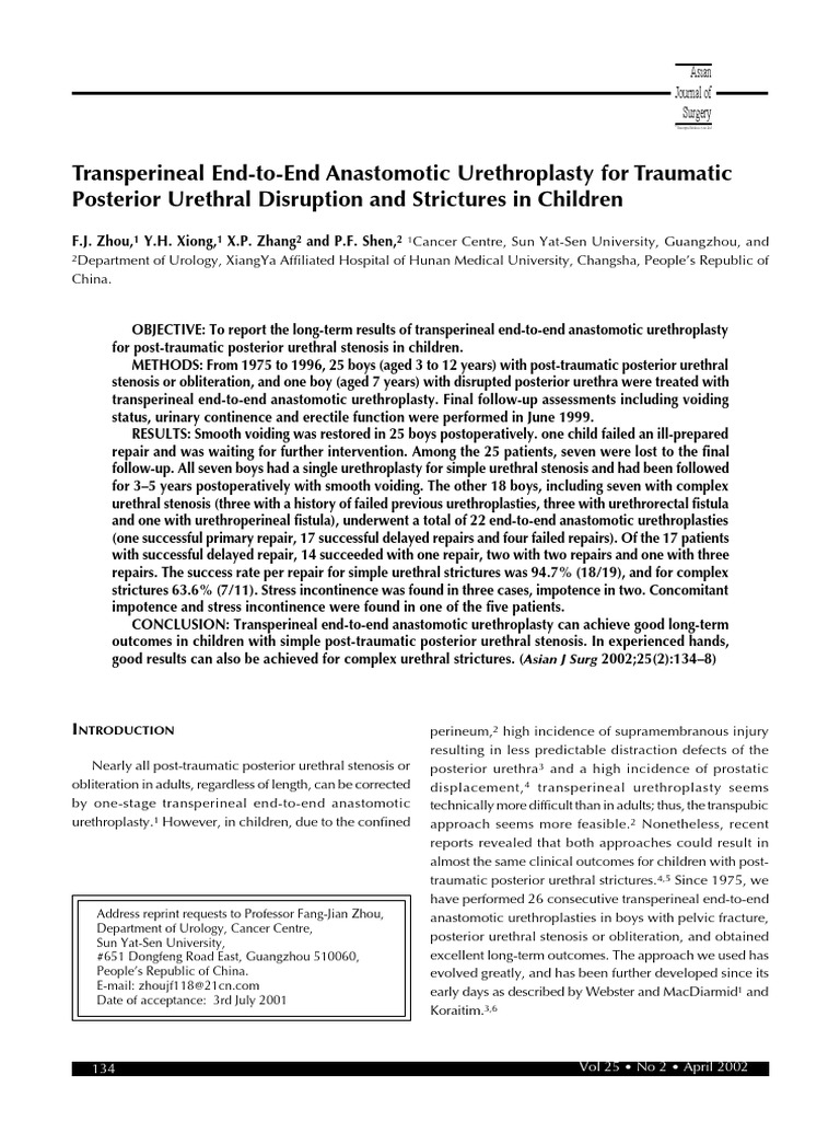 Transperineal End-to-End Anastomotic Urethroplasty For Traumatic ...