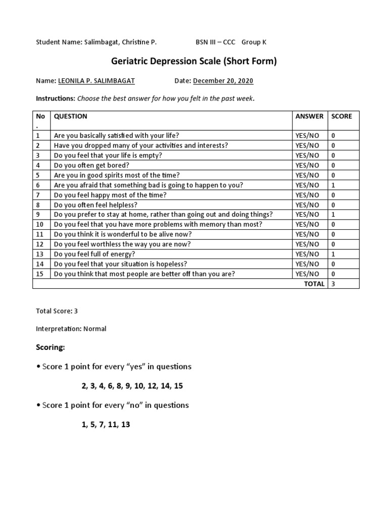 Geriatric Depression Scale Results Summary | PDF | Self-Improvement ...