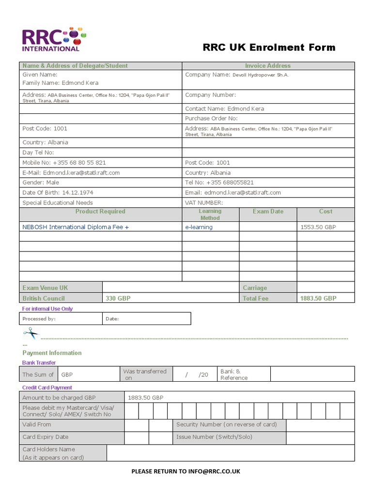 RRC UK Enrolment Form: ABA Business Center, Office No.: 1204, "Papa ...