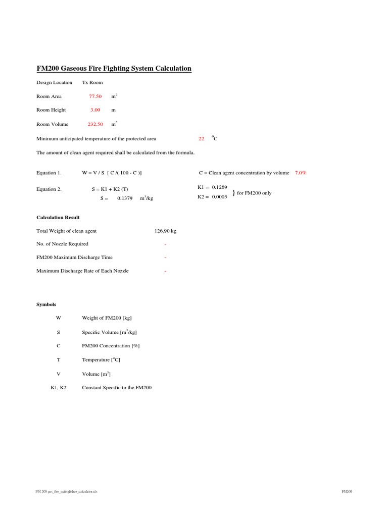 FM200 Gaseous Fire Fighting System Calculation | PDF