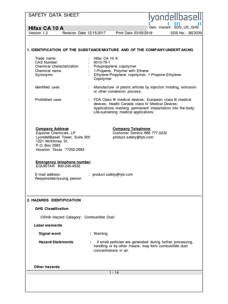 SDS Hifax CA 10 A | PDF | Toxicity | Personal Protective Equipment