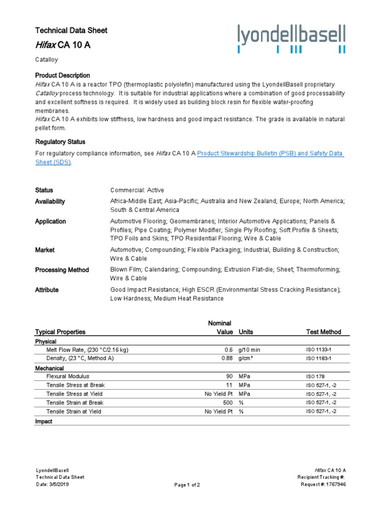 Technical Data Sheet Hifax CA 10 A | PDF | Yield (Engineering ...