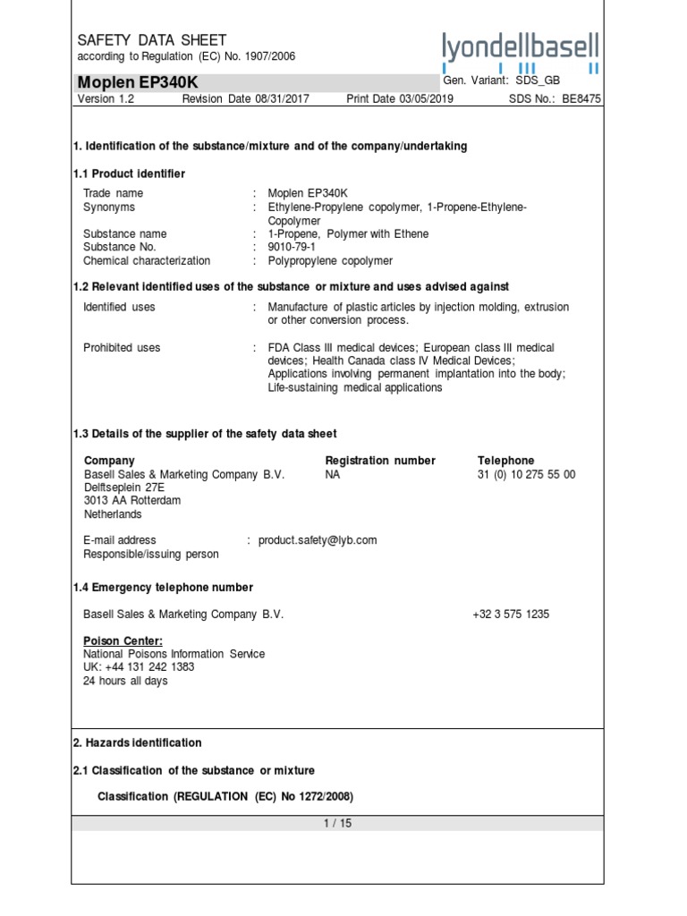 Safety Data Sheet for Moplen EP340K Polypropylene Copolymer | PDF | Toxicity | Firefighting