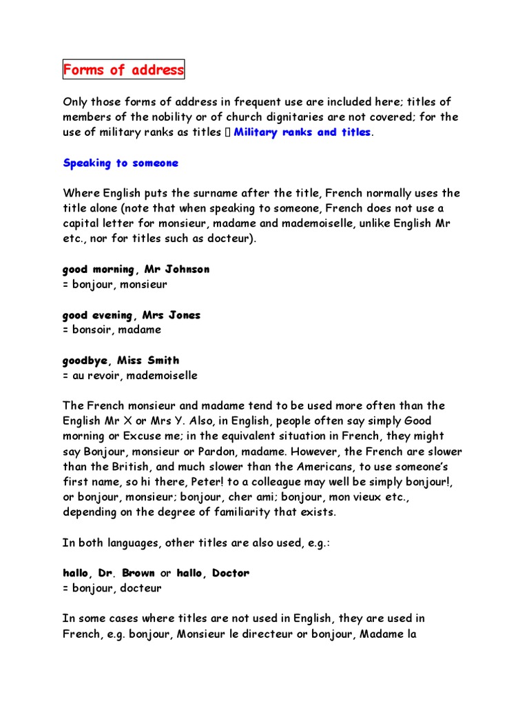 Forms of Address | PDF | Grammatical Gender | French Language