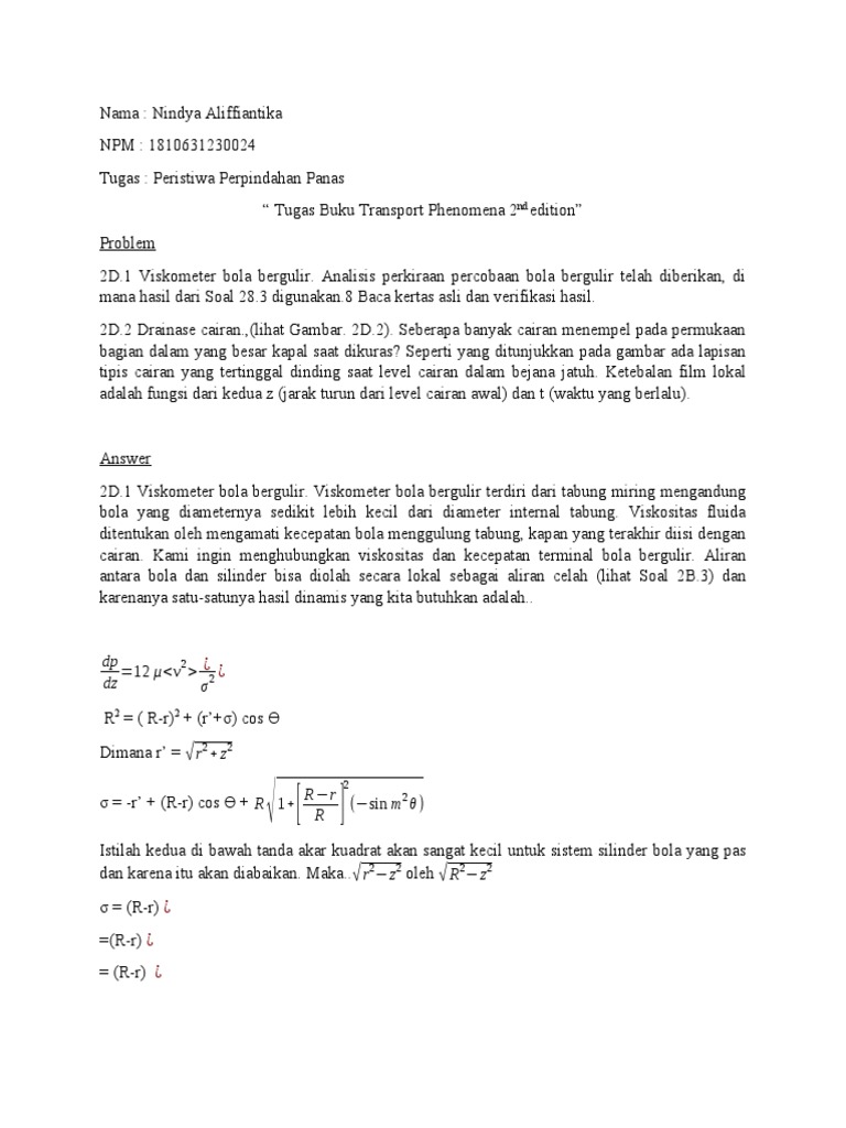 Tugas Buku Transport Phenomena 2nd Edition | PDF | Sains & Matematika | Teknologi & Rekayasa