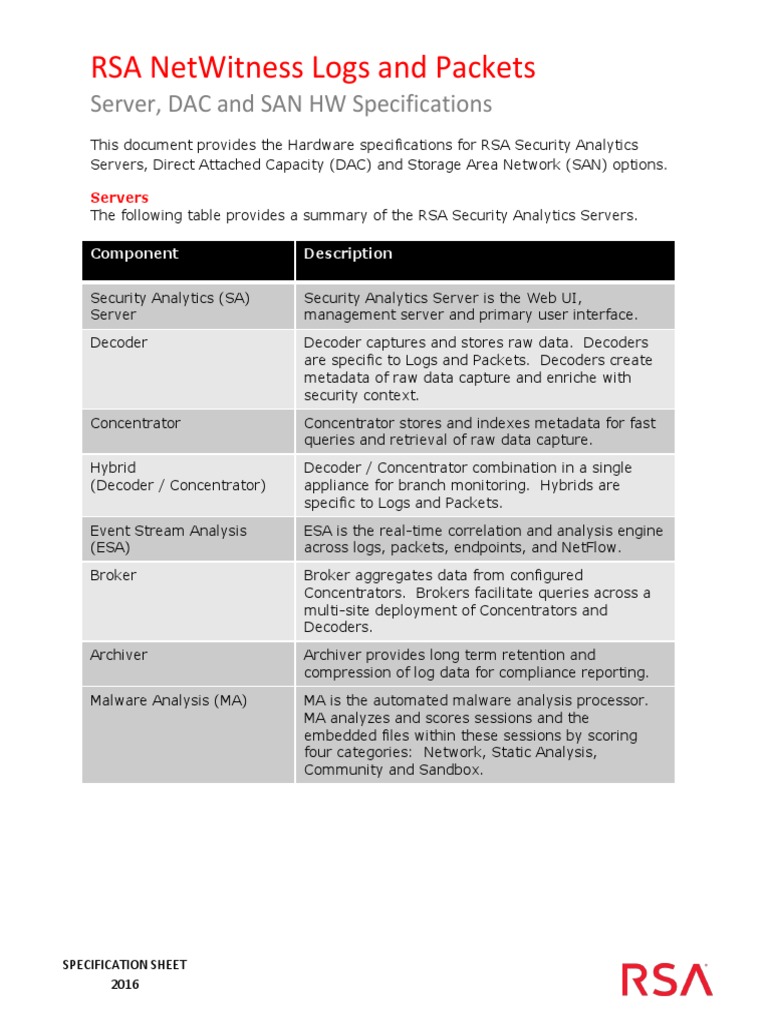 Rsa Netwitness Logs and Packets: Server, Dac and San HW Specifications ...