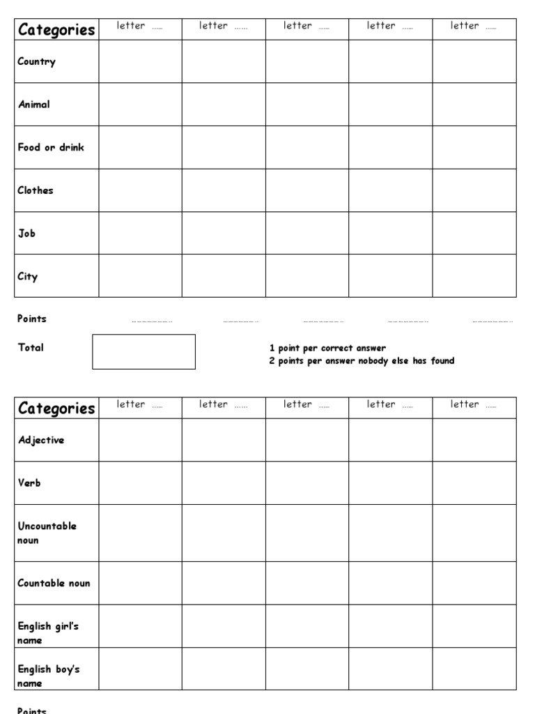 Stop the Bus Game Categories Guide | PDF | Noun | Adjective