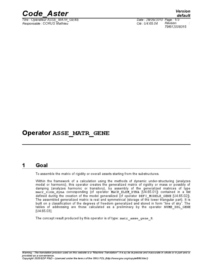 Code - Aster: Operator ASSE - MATR - GENE | PDF | Matrix (Mathematics) | Theoretical Physics