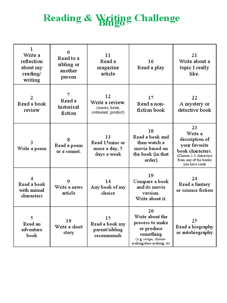 Reading & Writing Challenge Bingo: (Movie, Book, Restaurant, Product ...