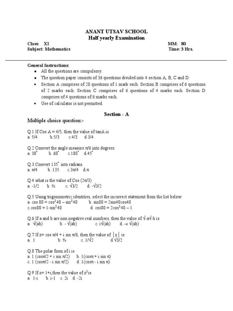Anant Utsav School Half Yearly Examination: Multiple Choice Question | PDF | Trigonometric ...