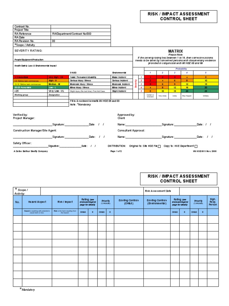 01 WI HSE 001 - Risk Assessment Form | PDF | Risk Assessment | Risk