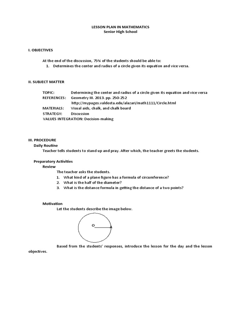 Lesson Plan in Mathematics Senior High School | PDF | Circle | Distance