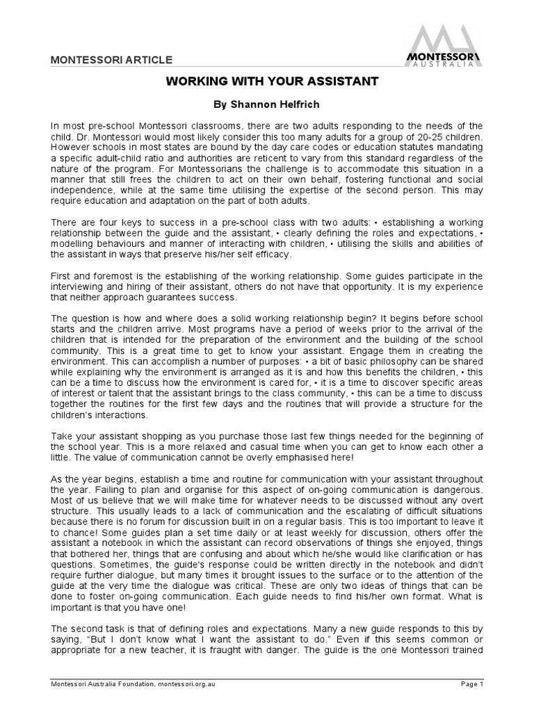 Working With Your Assistant: Montessori Article | PDF | Montessori ...