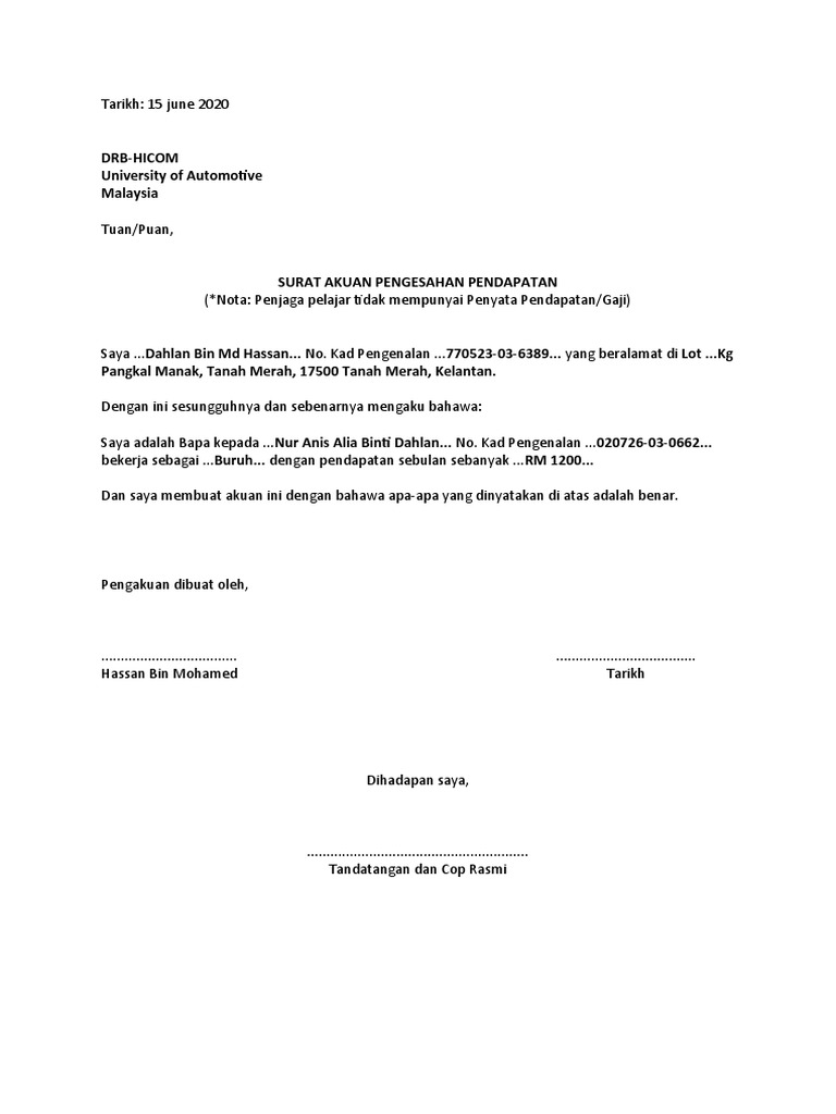 sURAT AKUAN pENDAPATAN | PDF