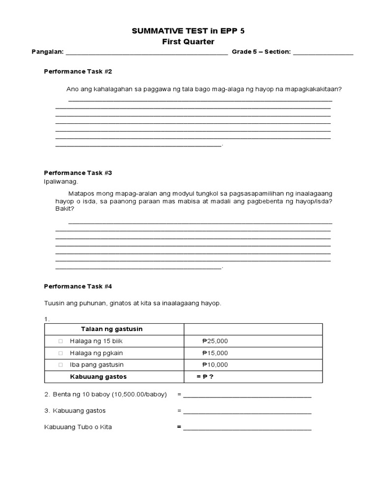 SUMMATIVE TEST in EPP 5 Performance Task 2,3,4 | PDF
