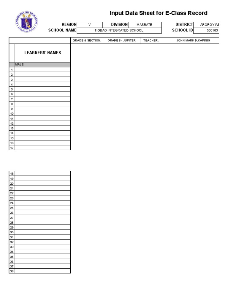 Input Data Sheet For E-Class Record: Region Division District School Name School Id | PDF | Learning