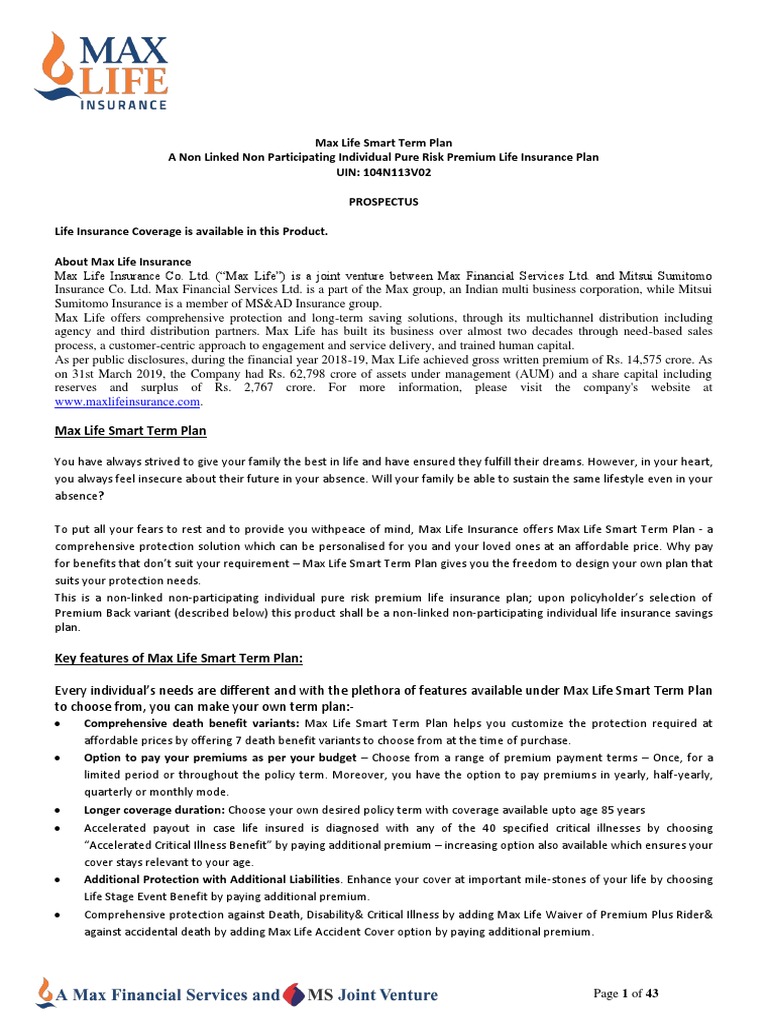 Smart Term Plan Prospectus | PDF | Insurance | Life Insurance