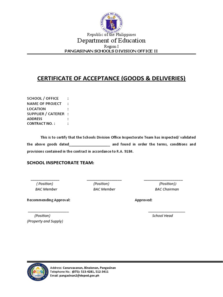 Certificate of Acceptance (Goods & Deliveries) | PDF | Career & Growth