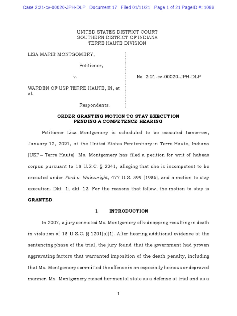 Order Granting Motion To Stay Lisa Montgomery's Execution Pending A ...