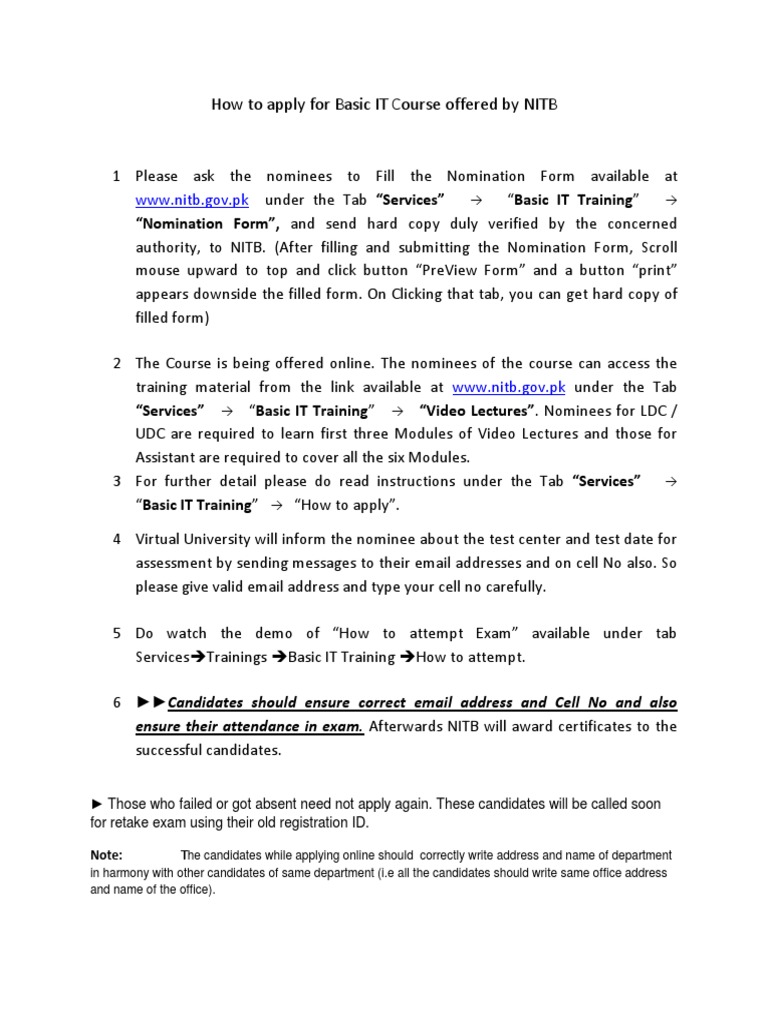How To Apply For Basic IT Course Offered by NITB: WWW - Nitb.gov - PK | PDF