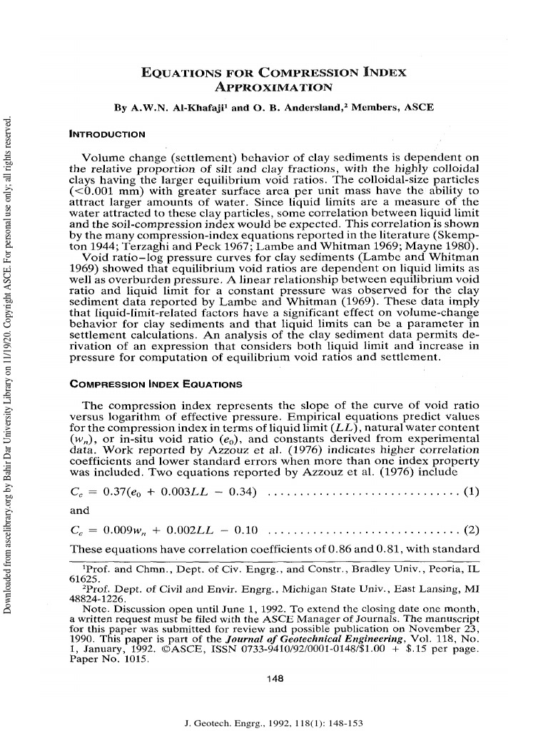 Equations For Compression Index Approximations | PDF | Soil Mechanics ...