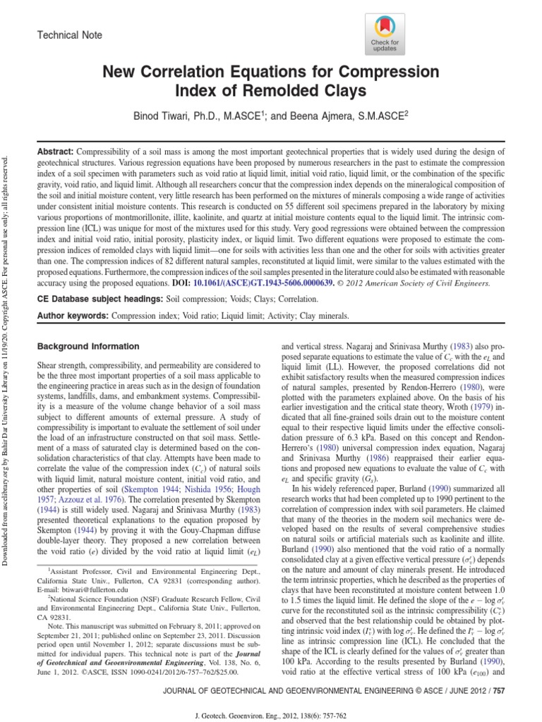 New Correlation Equations For Compression Index of Remolded Clay | PDF ...