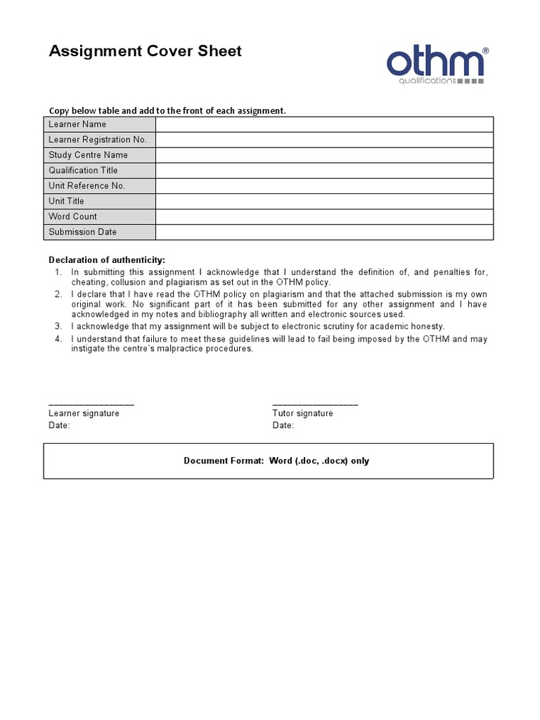 Assignment Cover Sheet: Copy Below Table and Add To The Front of Each ...