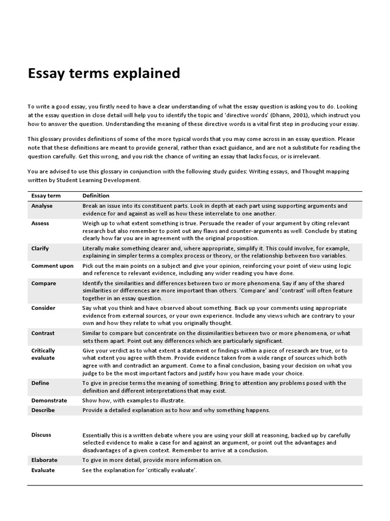 Essay Terms Explained: Essay Term Analyse Assess | PDF | Essays | Question