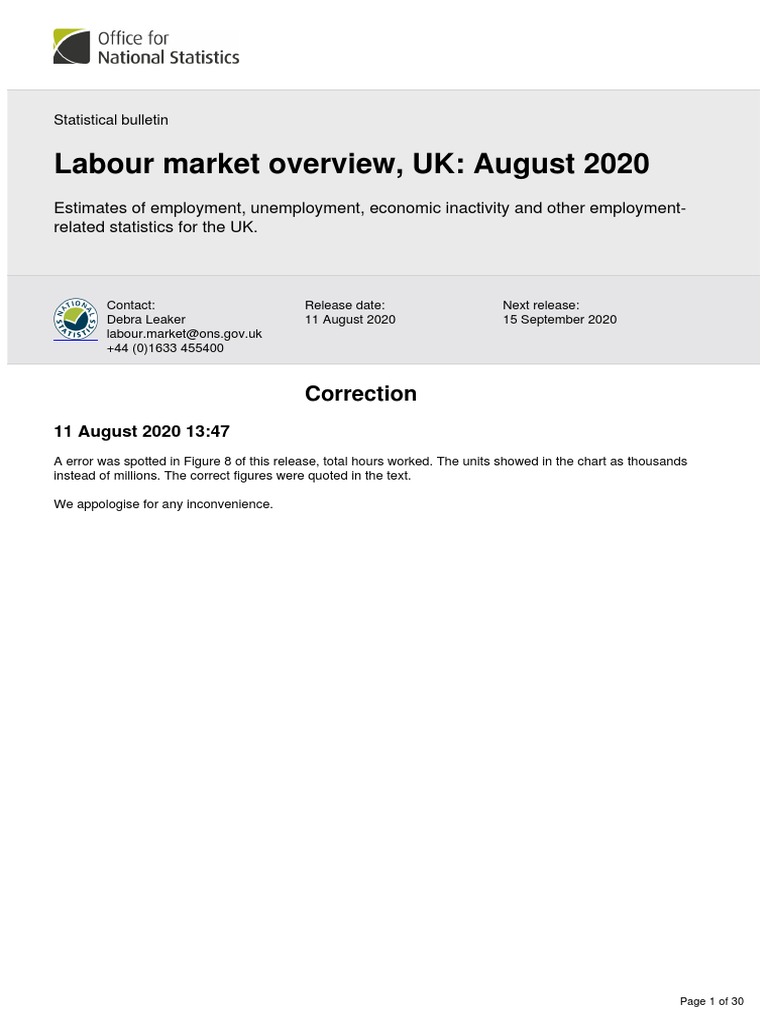 Labour Market Overview, UK August 2020 | PDF | Unemployment | Social ...