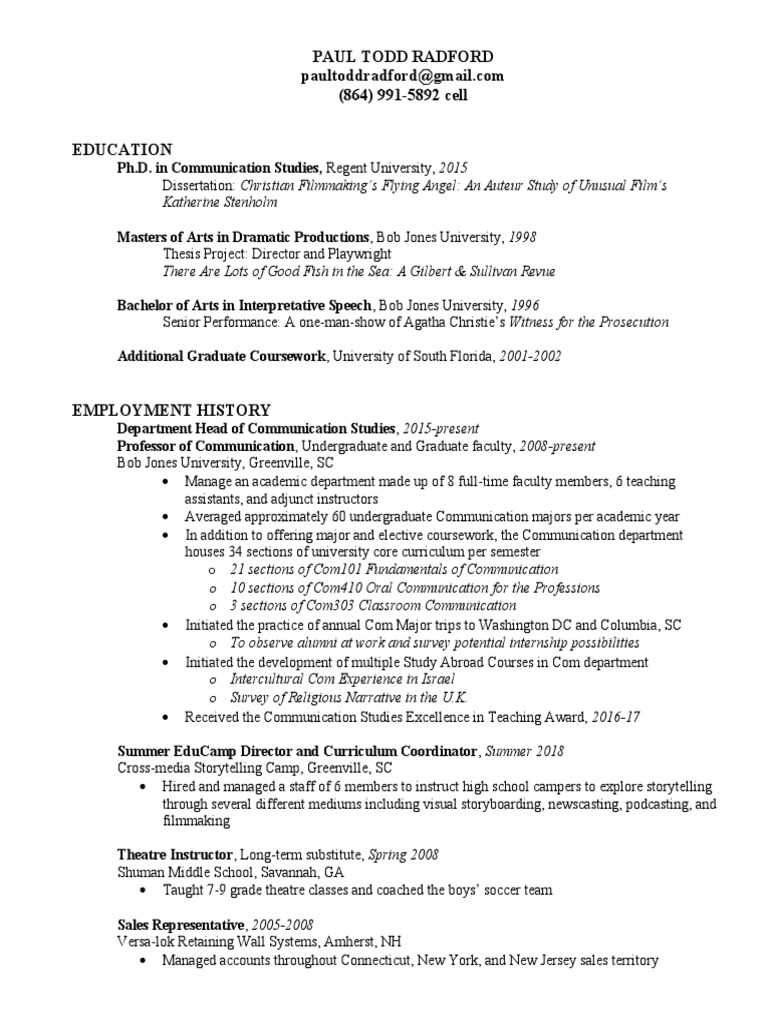 Paul Todd Radford (864) 991-5892 Cell Education | PDF | Theatre ...