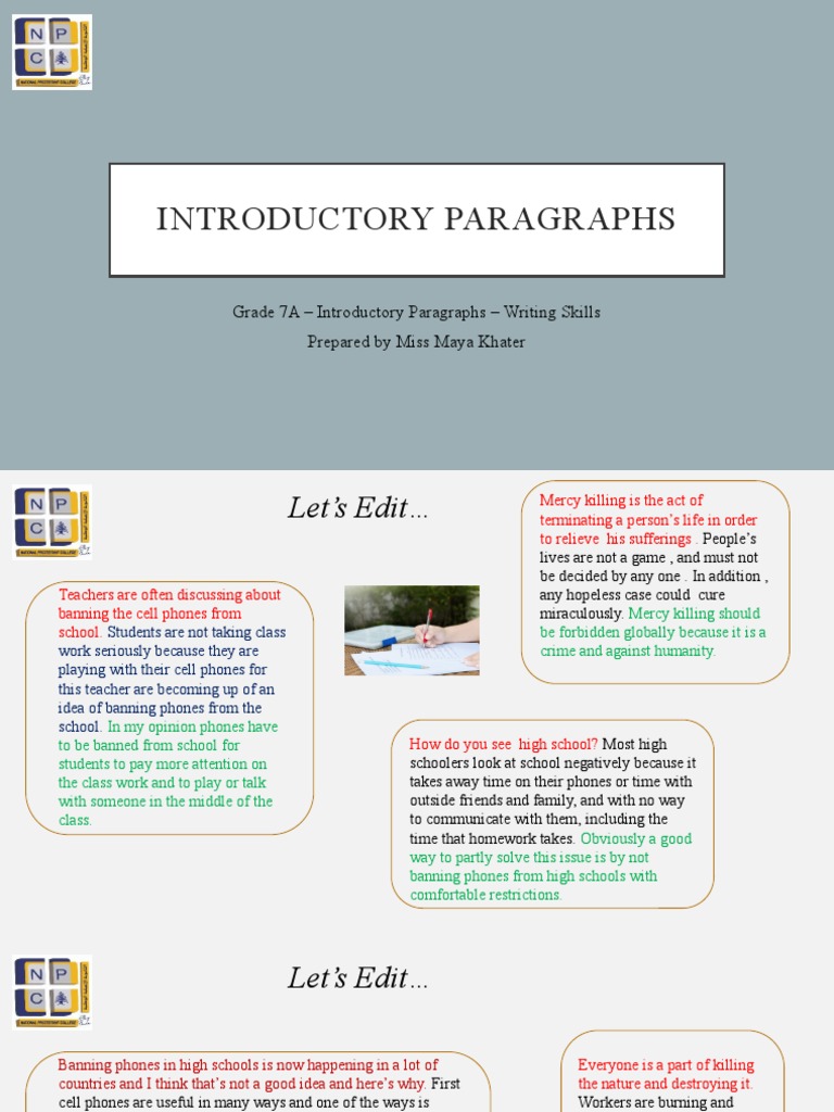 Introductory Paragraphs: Grade 7A - Introductory Paragraphs - Writing ...