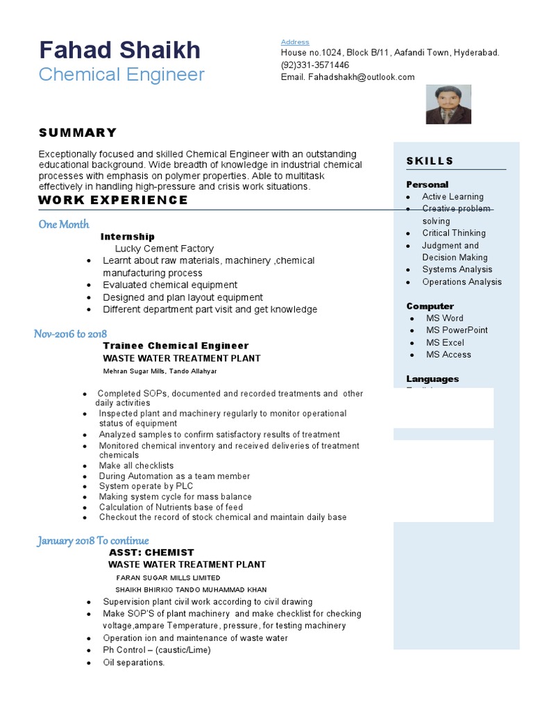 Fahad CV' | PDF | Engineer | Chemical Engineering