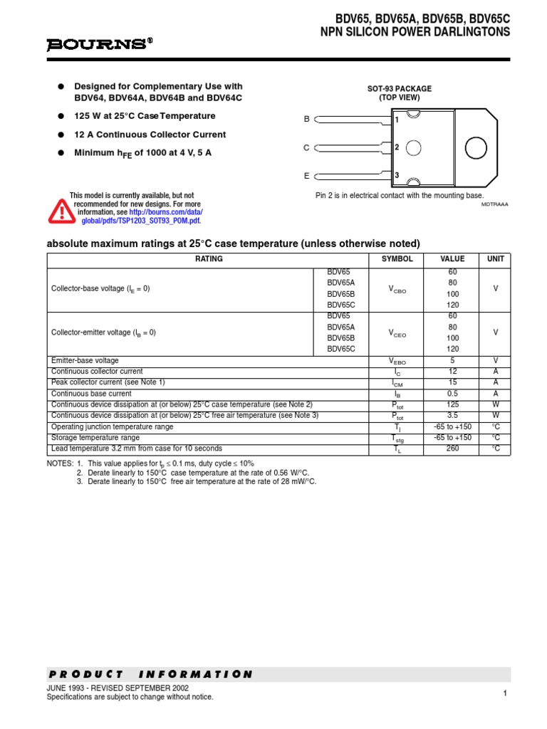BDV65, BDV65A, BDV65B, BDV65C NPN Silicon Power Darlingtons | PDF | Bipolar Junction Transistor ...