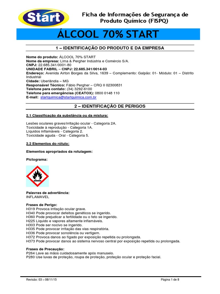 Fispq - Alcool - 70 - Start (2015) | PDF | Etanol | Embalagem e rotulagem