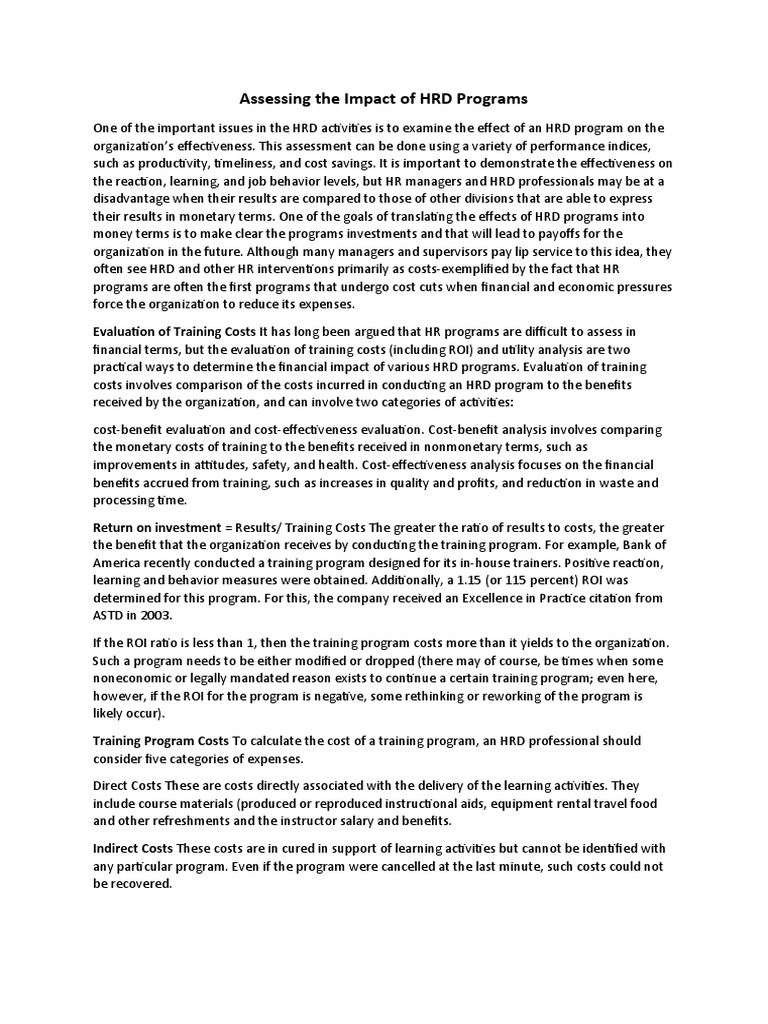 Assessing The Impact of HRD Programs | PDF | Cost–Benefit Analysis | Cost