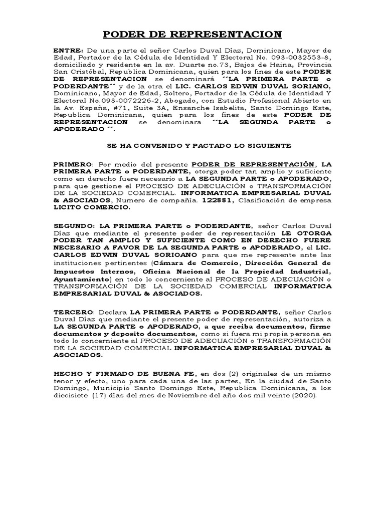 MODELO - PODER DE REPRESENTACION - Duvalll | PDF | República Dominicana | Abogado