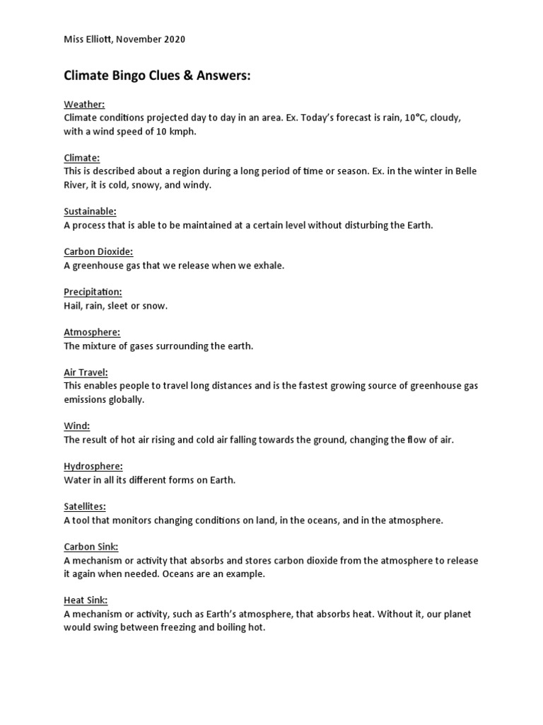 Climate Bingo Clues - Teacher Guide | PDF