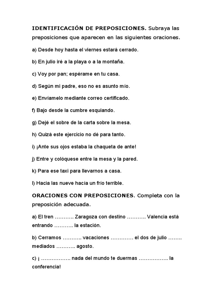 Ejercicios de Identificación de Preposiciones | PDF | Artes del ...