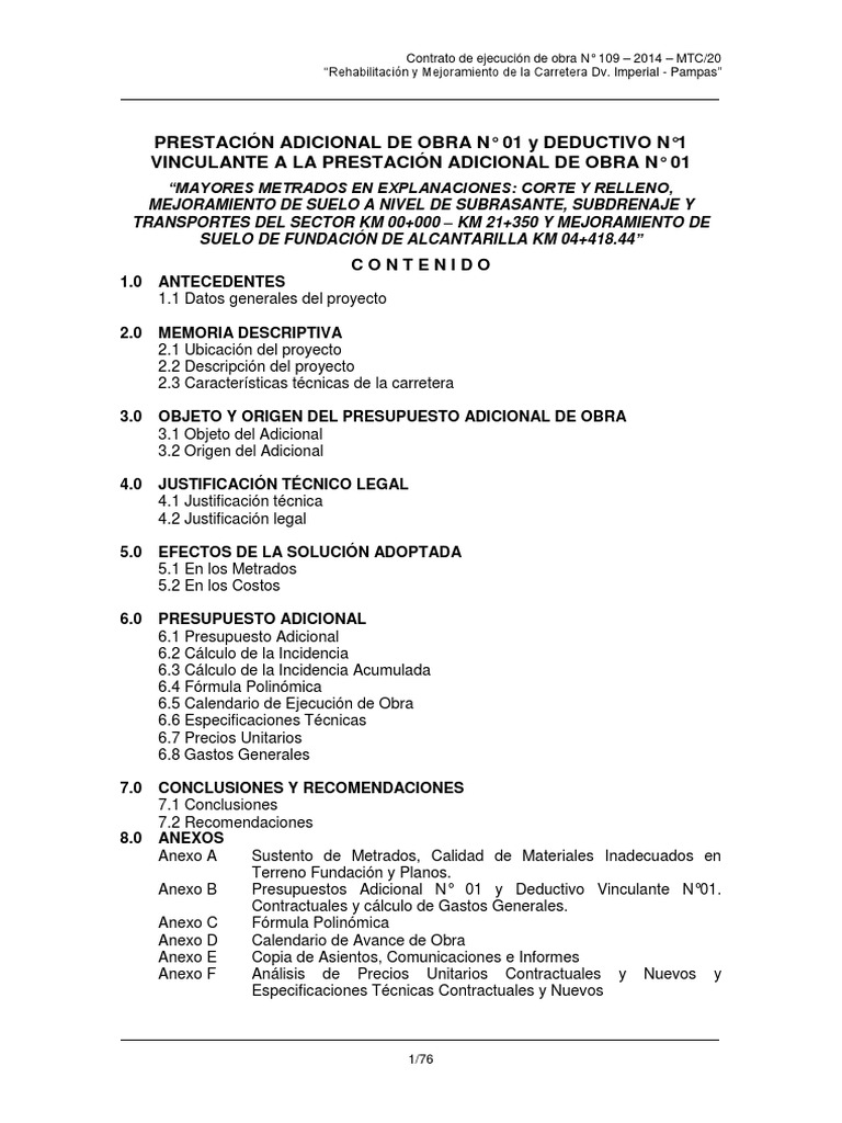 PRESTACIÓN ADICIONAL DE OBRA #01 y DEDUCTIVO N°1 VINCULANTE | PDF | La carretera | Hormigón