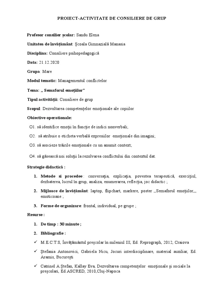 Proiecte de Activitate Semaforul Emotiilor Bun | PDF