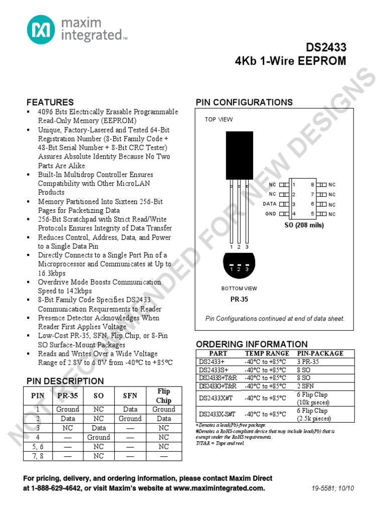 Not Recommended For New Designs: DS2433 4Kb 1-Wire EEPROM | PDF | Read ...